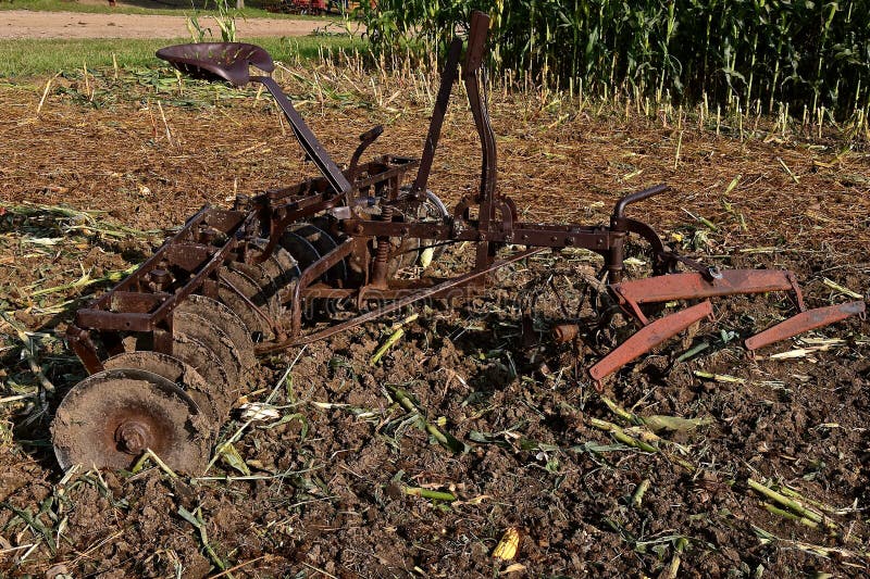 A Field of Corn Stubble is Being Dug Up by a Horse Pulled Disk. Stock ...