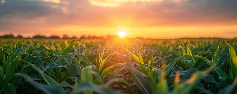 A Field of Corn with a Sunset Behind it Stock Image - Image of ...