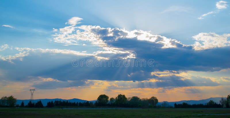 Field Covered in Greenery Under a Cloudy Sky during a Beautiful Sunset ...