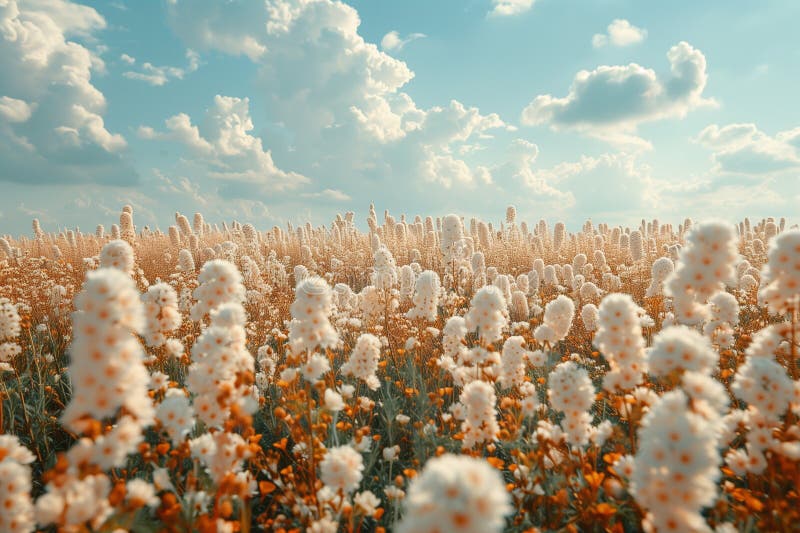 A Field Covered in White Flowers Stretches Under a Clear Blue Sky Stock ...