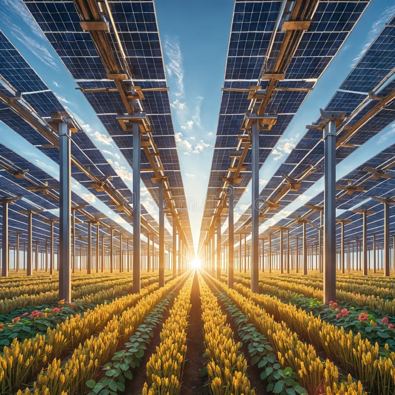 Crops Under Solar Panels Stand Against a Vibrant Blue Sky., Generative ...