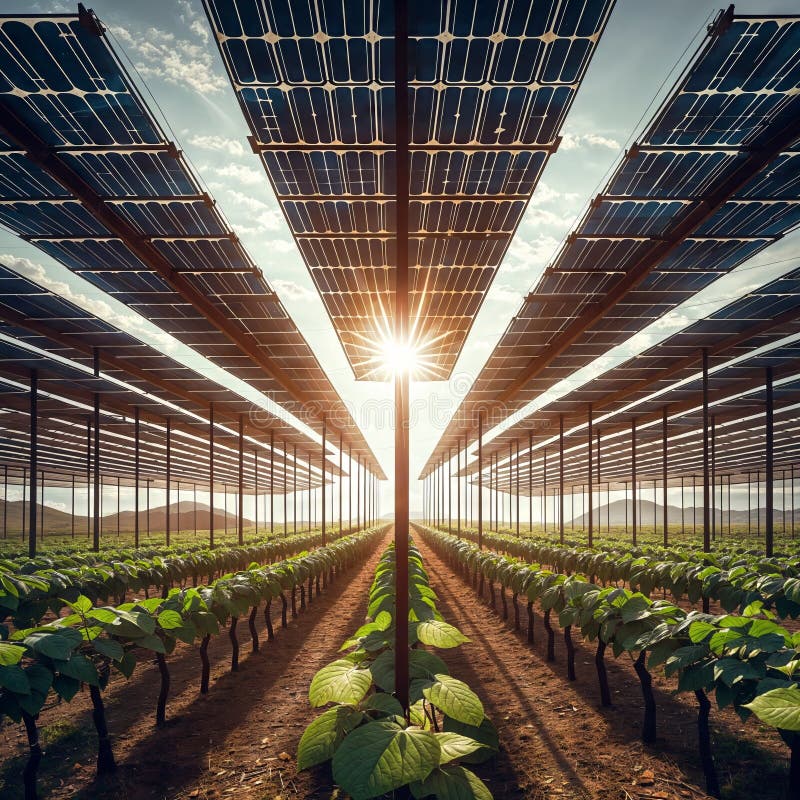 Sunlight Penetrates Solar Panels Above a Thriving Field of Crops ...