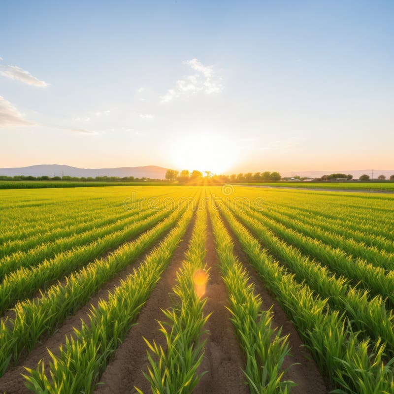 A Field of Crops with the Sun Setting Behind it Stock Illustration ...