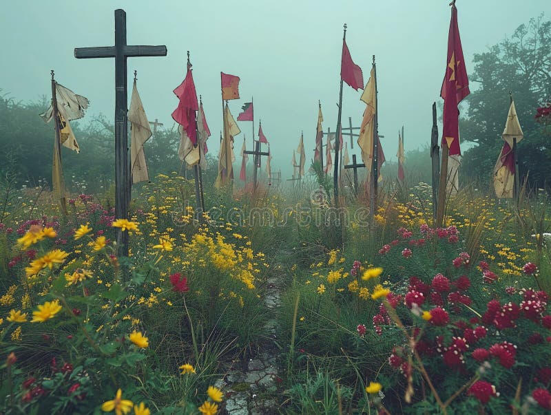 A Field of Crosses with Flags Wide Shot Stock Photo - Image of showcase ...