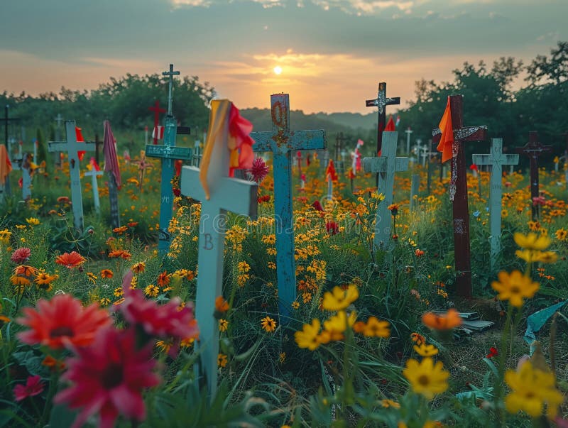 A Field of Crosses with Flags Wide Shot Stock Image - Image of flag ...