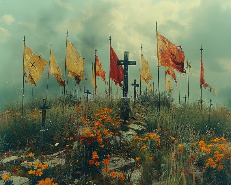 A Field of Crosses with Flags Wide Shot Stock Image - Image of ...
