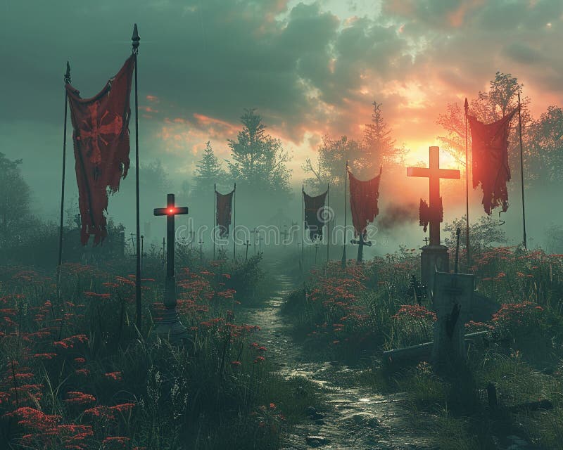 A Field of Crosses with Flags Wide Shot Stock Photo - Image of fallen ...