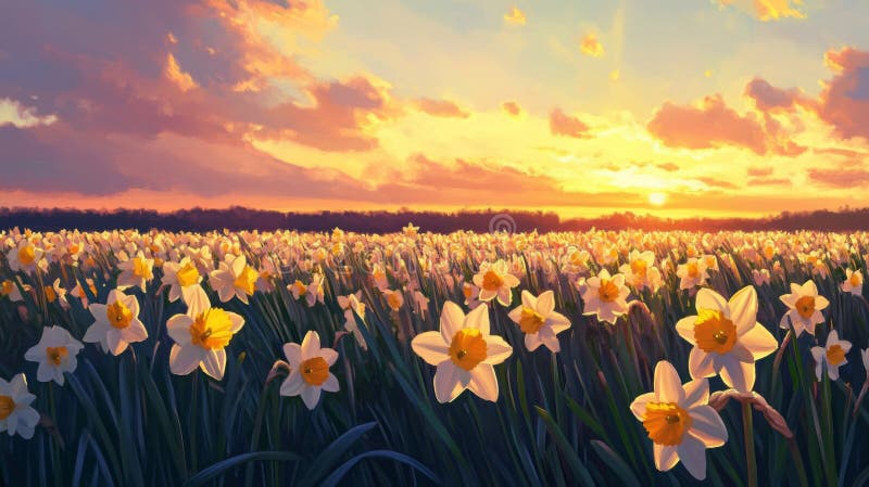 A Field of Daffodils at Sunset Stock Illustration - Illustration of blossom, flowers: 341806047