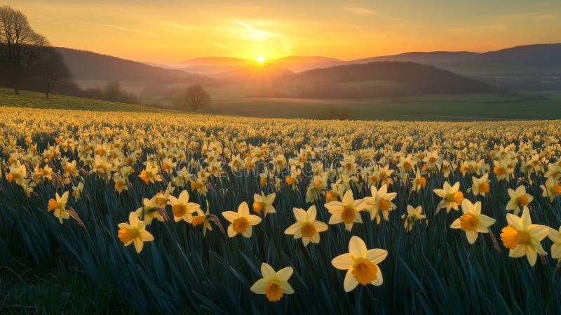 Field of Daffodils at Sunset with Distant Hills Stock Illustration - Illustration of beautiful ...