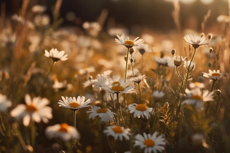 Field of Daisies, Blue Sky and Evening Sun. Neural Network AI Generated ...
