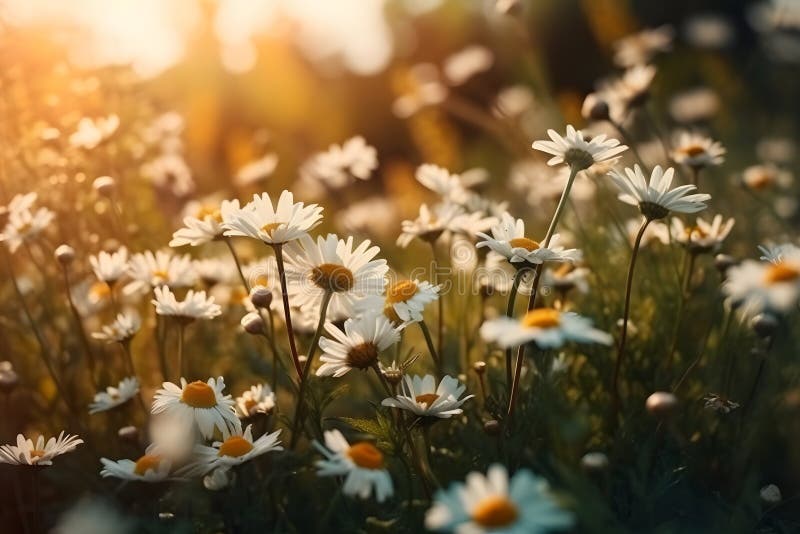 Field of Daisies, Blue Sky and Evening Sun. Neural Network AI Generated ...