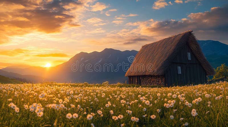 A Field of Daisies in Front of a Thatched Roofed House in the Mountains ...