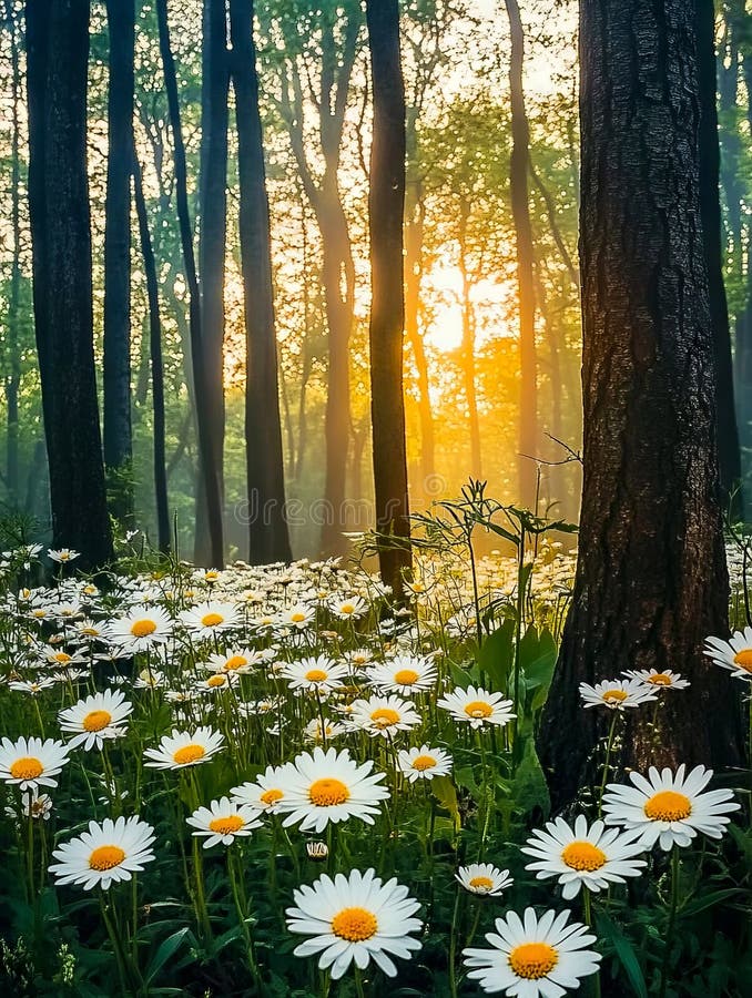 A Field of Daisies in the Middle of a Forest at Sunset Stock Photo ...