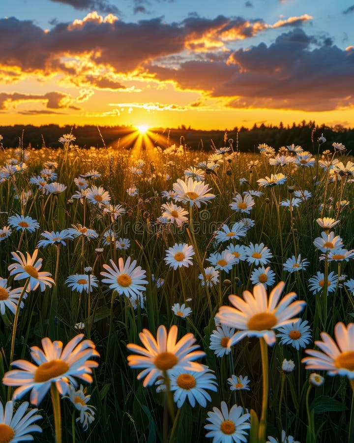 Field of Daisies at Sunset in the Country Stock Image - Image of ...