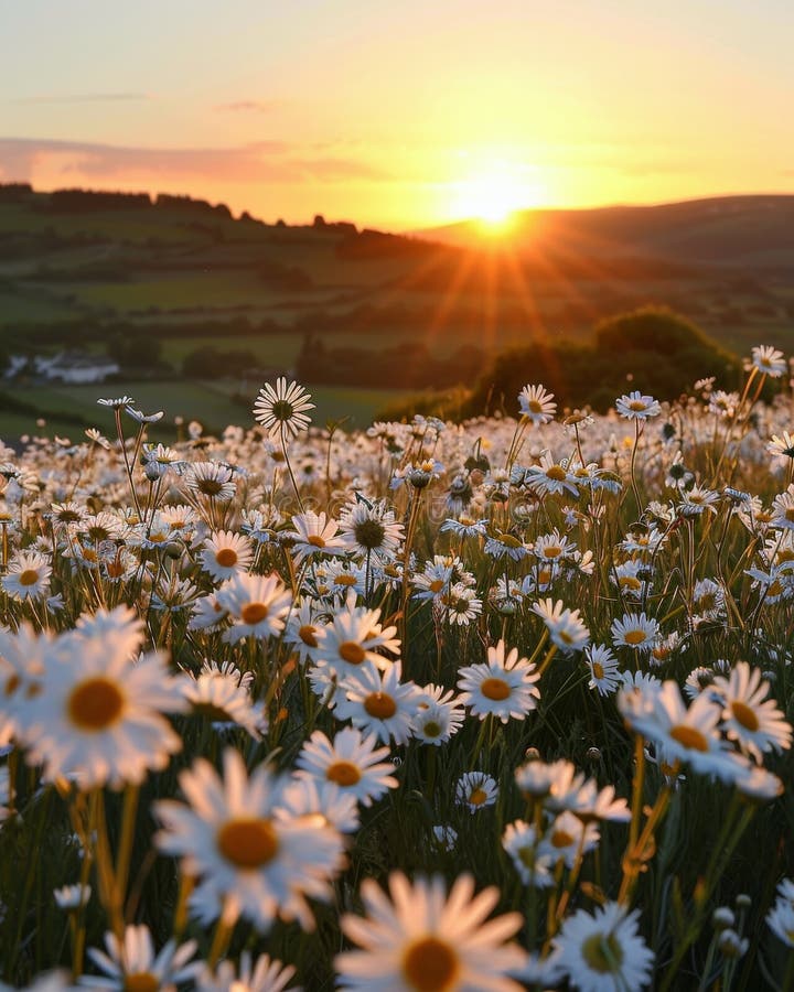 Field of Daisies at Sunset with Hills in the Distance Stock Photo ...