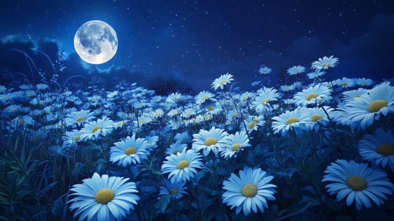 A Field of Daisies Under a Full Moon and Starry Night Stock ...