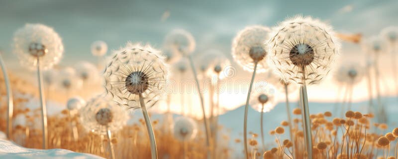 Generative AI: Field of Dandelion in Sunset Stock Illustration ...