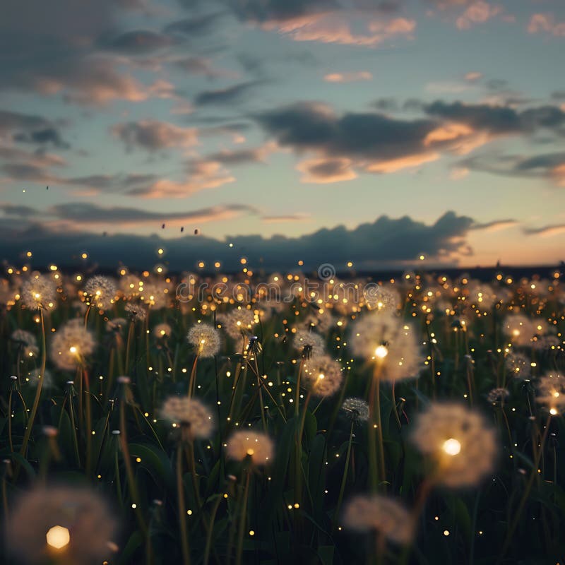 Glowing Dandelions Field at Magical Sunset Dusk Stock Illustration ...