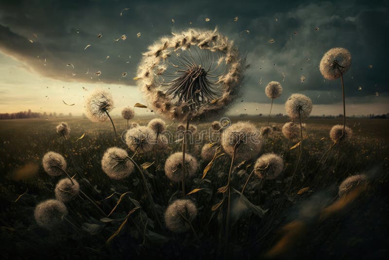 Field of Dandelions with Seeds and Windblown Petals Stock Photo - Image ...