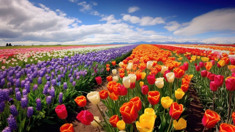 A Field Filled with Lots of Colorful Flowers, Panoramic Widescreen View ...