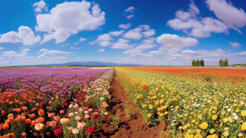 A Field Filled with Lots of Colorful Flowers, Panoramic Widescreen View ...