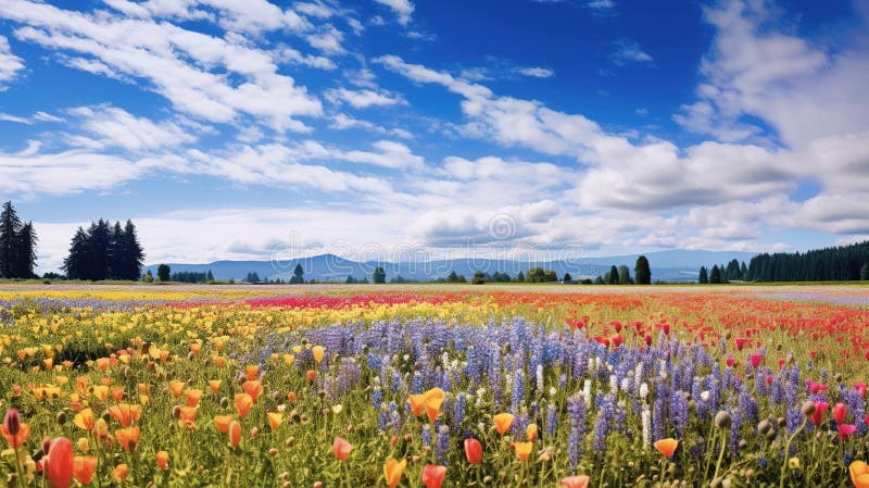A Field Filled with Lots of Colorful Flowers, Panoramic Widescreen View ...