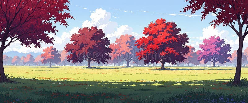 A Field Filled with Purple and Red Trees. Anime Style Stock Photo ...