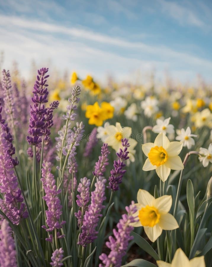 A Field Filled with Purple and Yellow Flowers. Stock Photo - Image of ...
