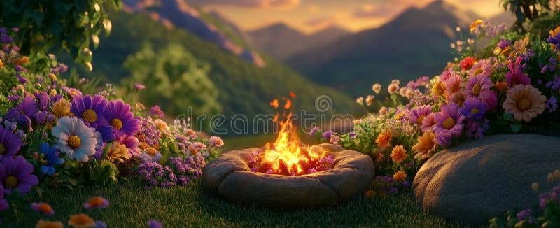 In a Field, a Fire Blazes within a Circle of Logs, Its Flames Glowing ...