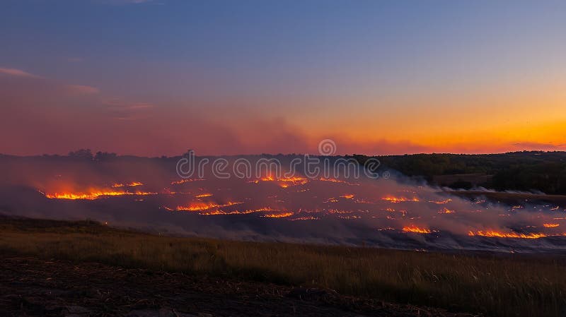 A Field Fire Burns with Smoke Rising at Sunset Stock Photo - Image of ...