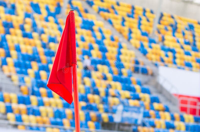 Red Flag on Corner Kick in Green Artificial Grass Soccer Field Stock ...