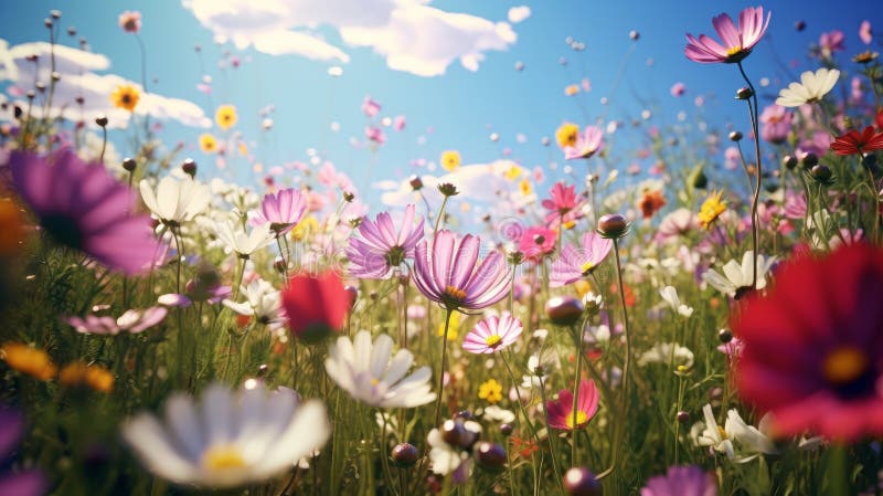 Field of Flowers Blooming and Swaying in the Wind Stock Illustration ...