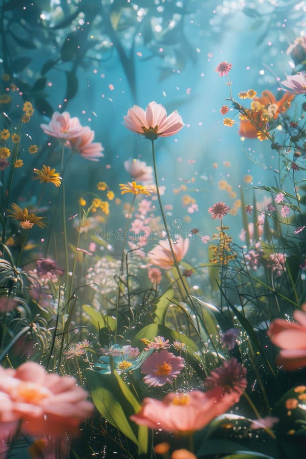 A Field of Flowers with a Bright Blue Sky in the Background Stock Photo ...