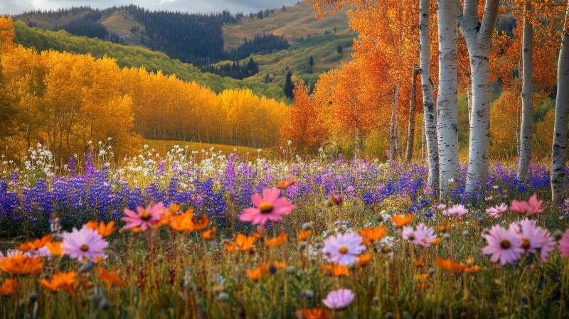 A Field of Flowers in Front of a Golden Aspen Grove Stock Illustration ...