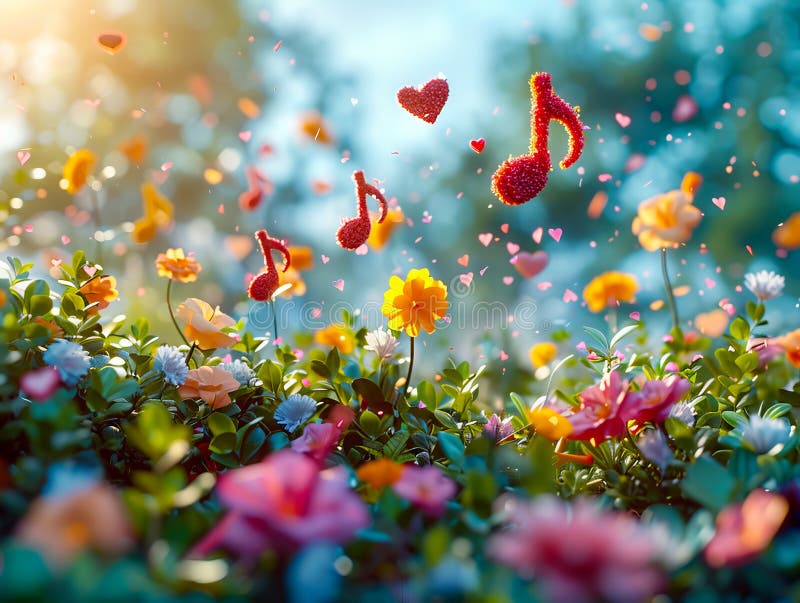 A Field of Flowers with Hearts and Music Notes Flying in the Air Stock ...