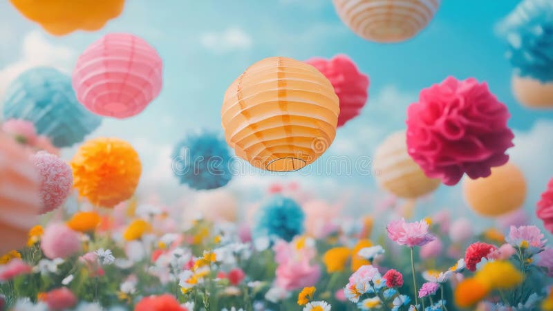 A Field of Flowers with Many Different Colored Lanterns Floating in the ...