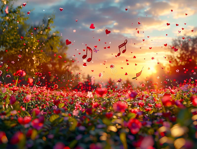 A Field of Flowers with Music Notes Flying Around Stock Photo - Image ...