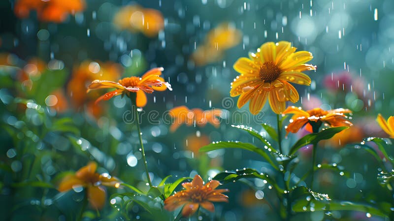 A Field of Flowers is Shown in the Rain. AI Generated Stock ...