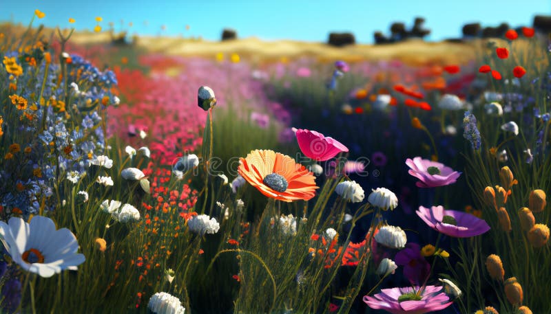Field with Flowers, Summer. AI Generative. Environment Stock ...