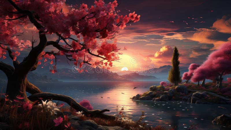 A Field of Flowers with Trees and a Sunset. Generative AI. Stock ...