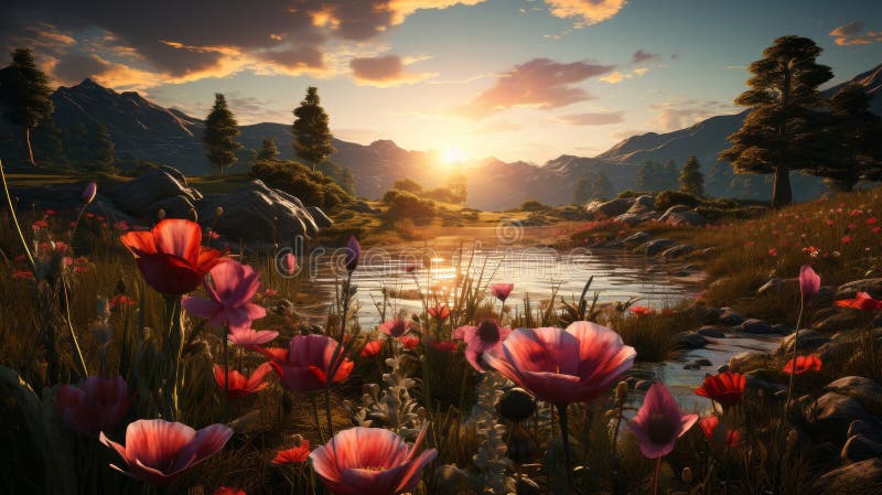 A Field of Flowers with Trees and a Sunset. Generative AI. Stock ...
