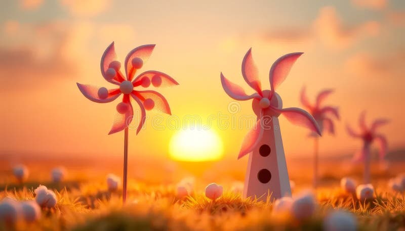 A Field of Flowers with a Windmill in the Middle Stock Image - Image of ...