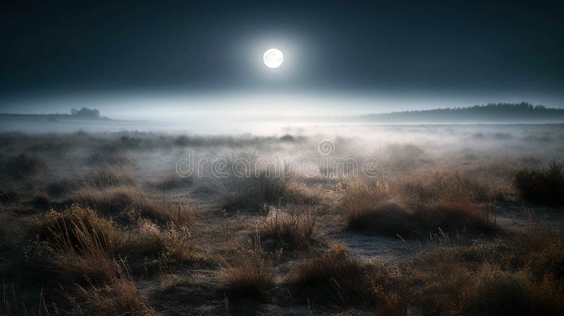Field with Fog with Moonlight Background. Green Field on the Background ...