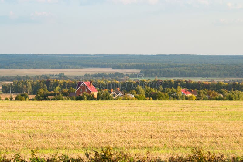 Field, Forest and Homes in the Distance Stock Image - Image of ...