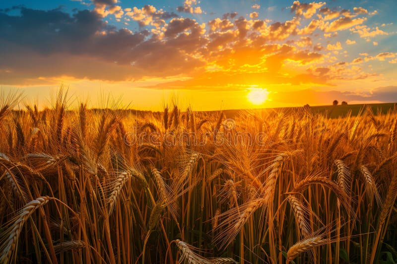 A Field of Golden Wheat with a Beautiful Sunset in the Background Stock ...
