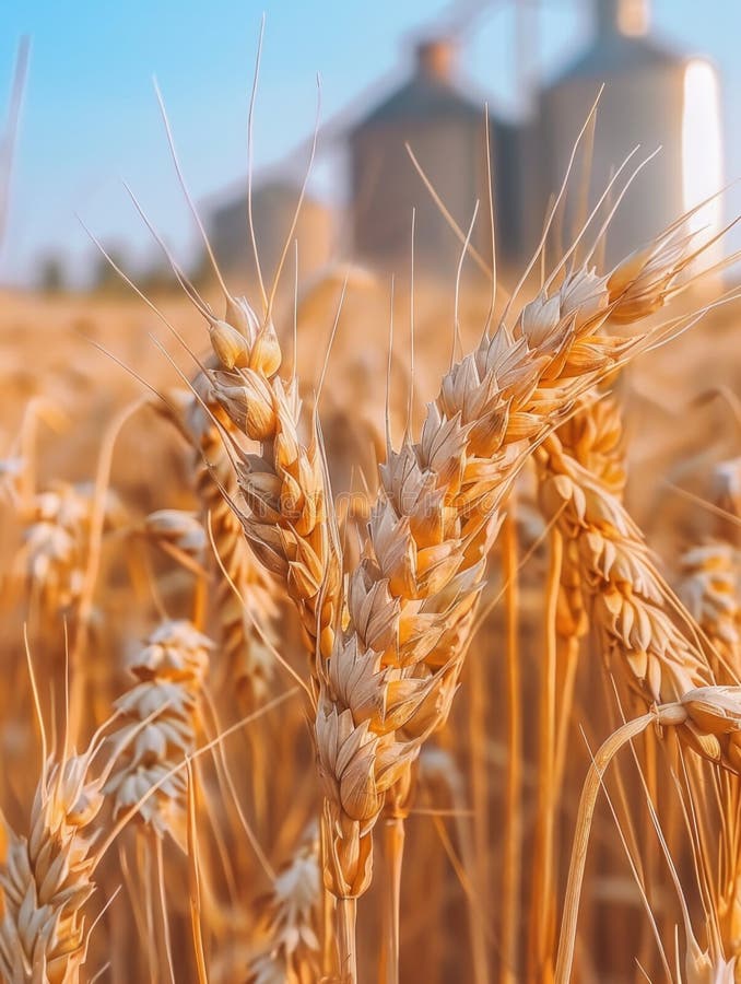 A Field of Golden Wheat with a Grain Silo Standing Tall in the ...