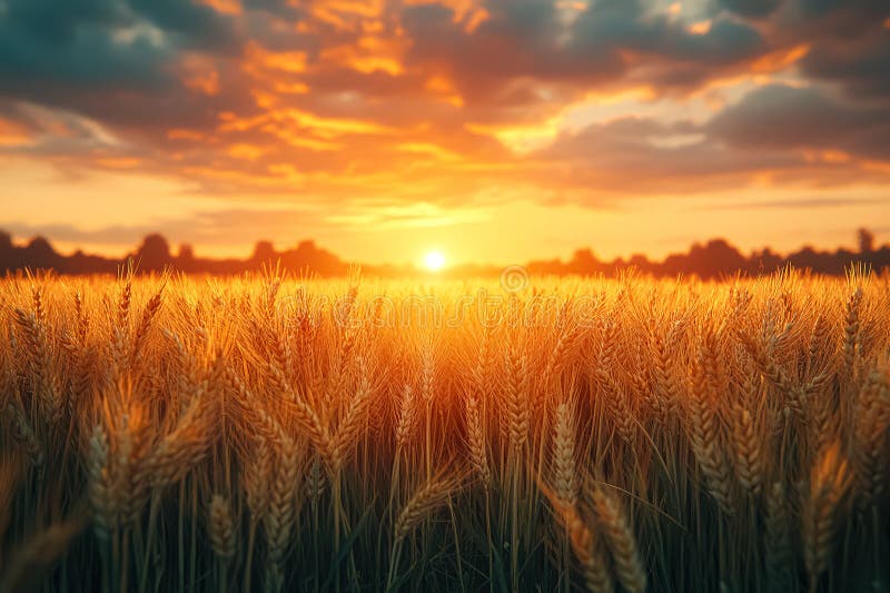 Field of Golden Wheat with the Sun Setting in the Background Stock ...