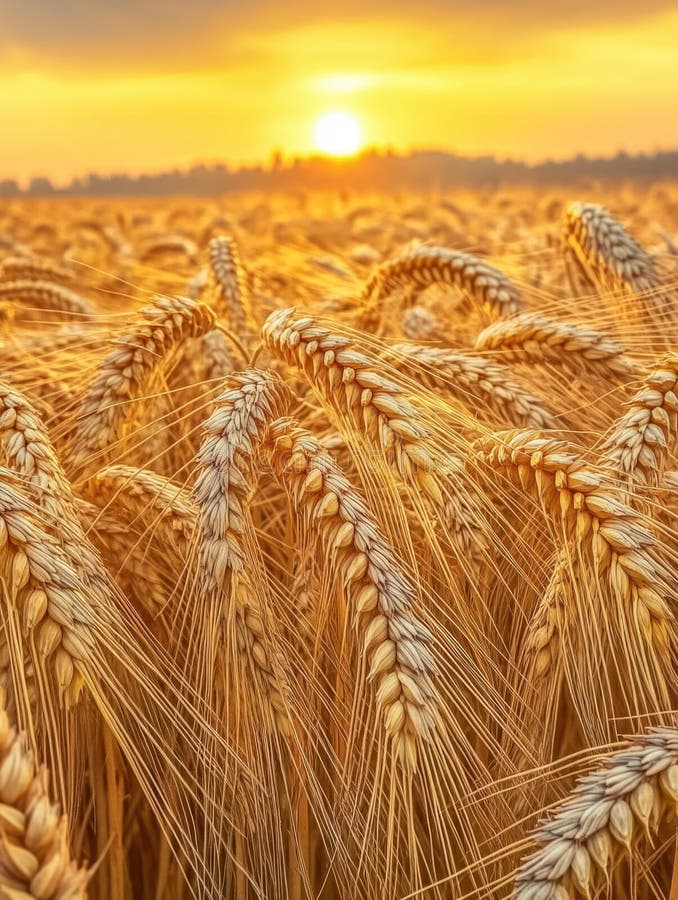 Field of Golden Wheat with the Sun Setting in the Background Stock ...