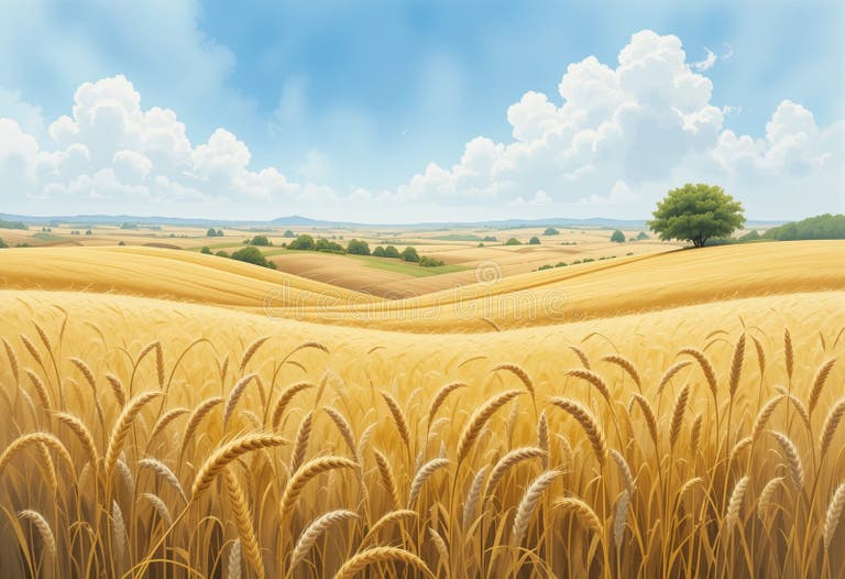 A Field of Golden Wheat with a Tree in the Middle Stock Illustration ...
