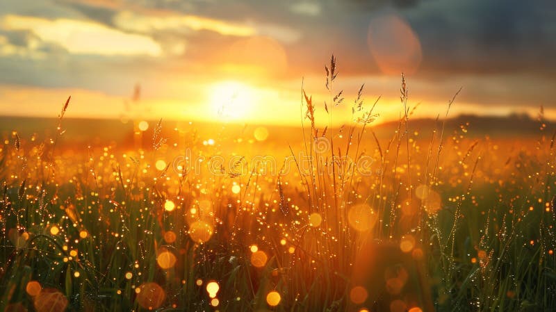 A Field of Grass with Dew on it at Sunset, AI Stock Illustration ...